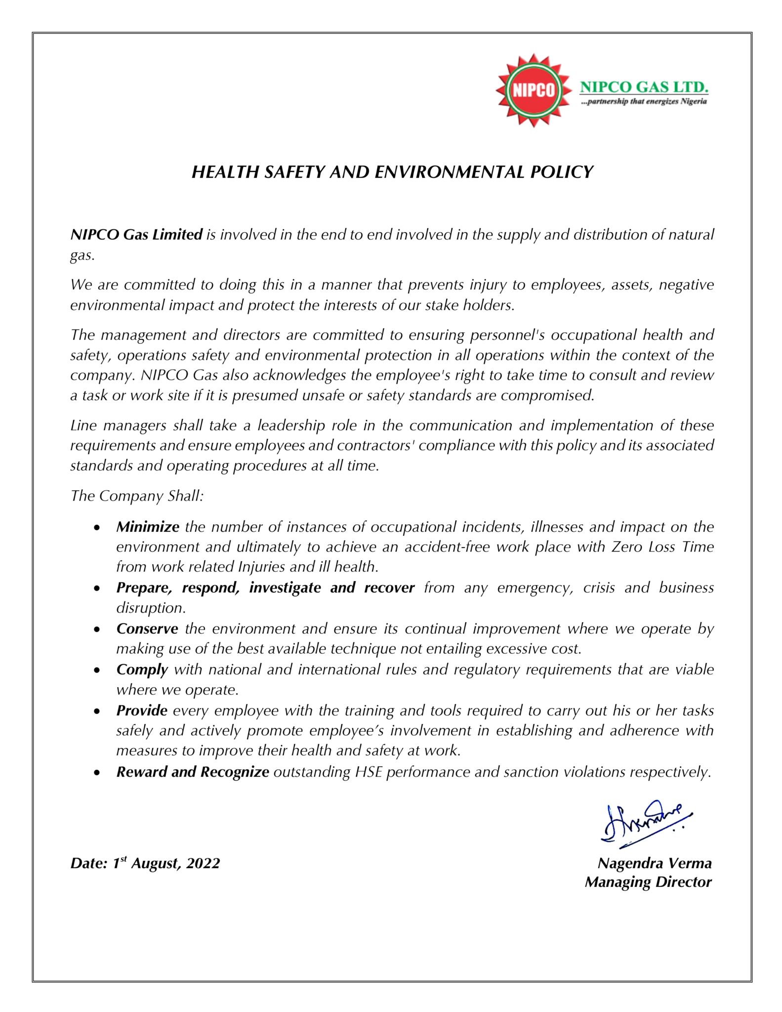 Health Safety and Environment Policy - NIPCO GAS LTD.